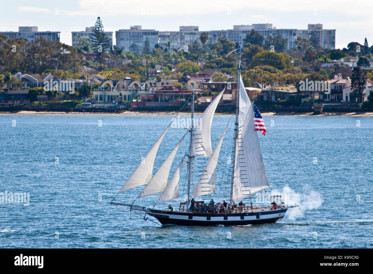 Tall Sailing Ship Anazing Grace under full sail on San Diego Bay, CA US ...