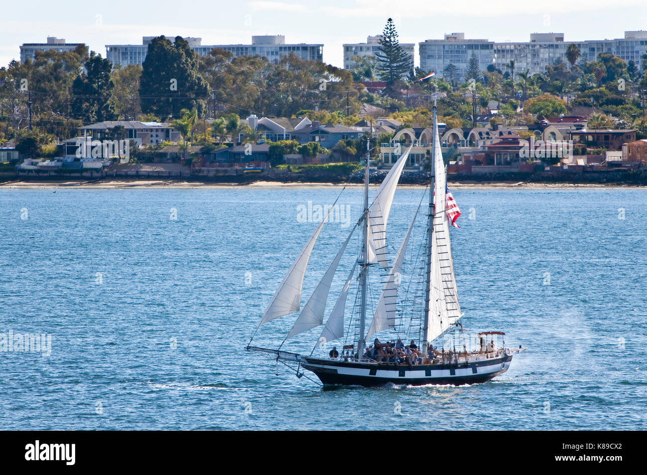 Tall Sailing Ship Anazing Grace under full sail on San Diego Bay, CA US ...