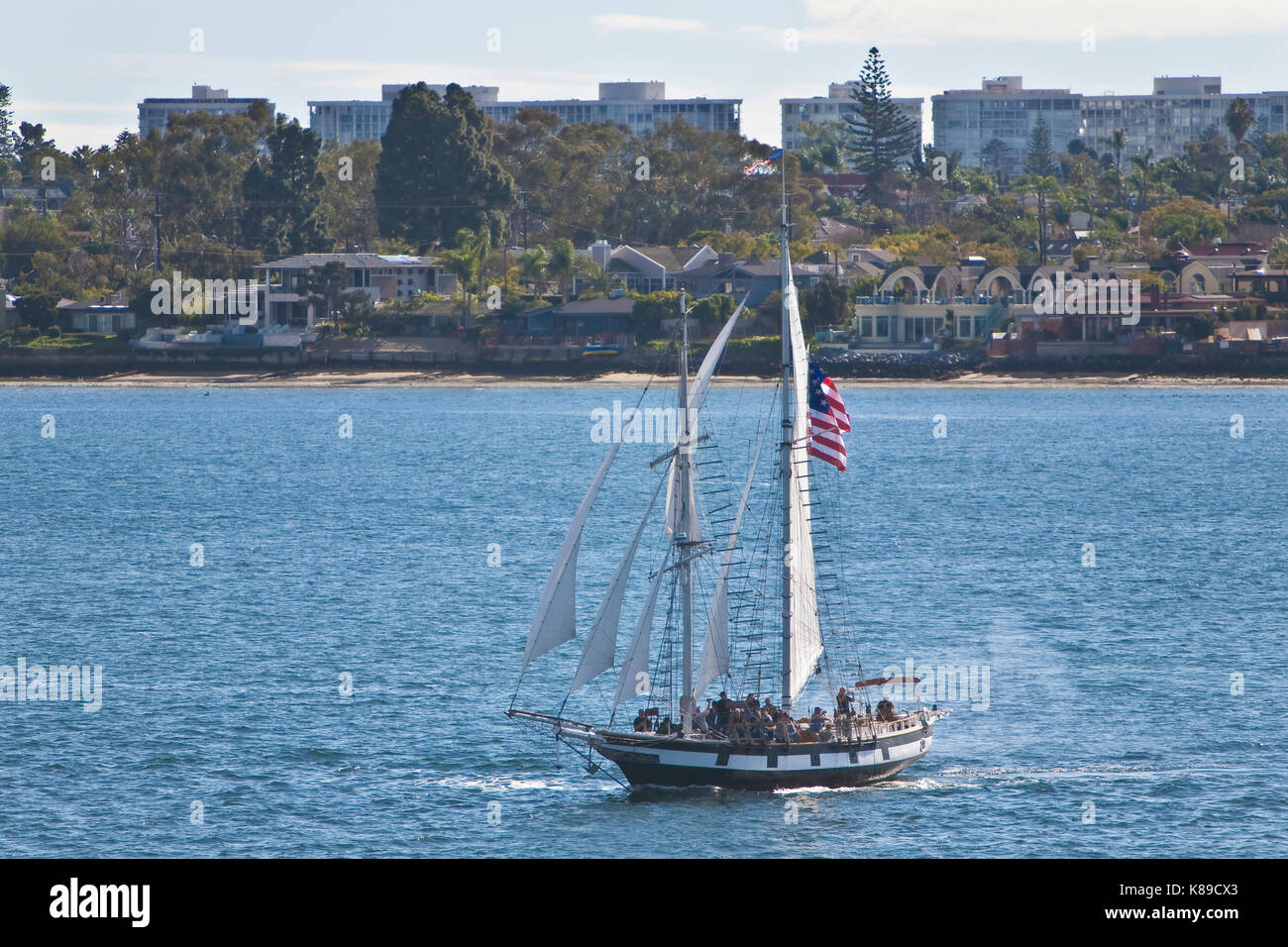 Tall Sailing Ship Anazing Grace under full sail on San Diego Bay, CA US ...