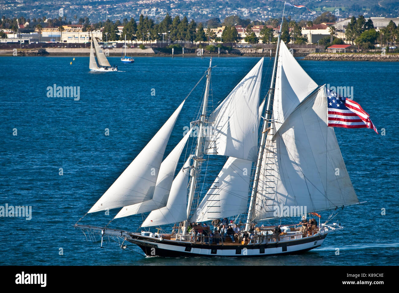 Tall Sailing Ship Anazing Grace under full sail on San Diego Bay, CA US ...