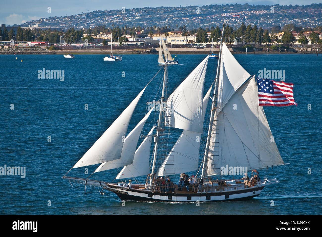 Tall Sailing Ship Anazing Grace under full sail on San Diego Bay, CA US ...