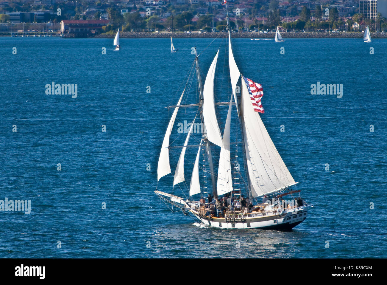 Tall Sailing Ship Anazing Grace under full sail on San Diego Bay, CA US ...