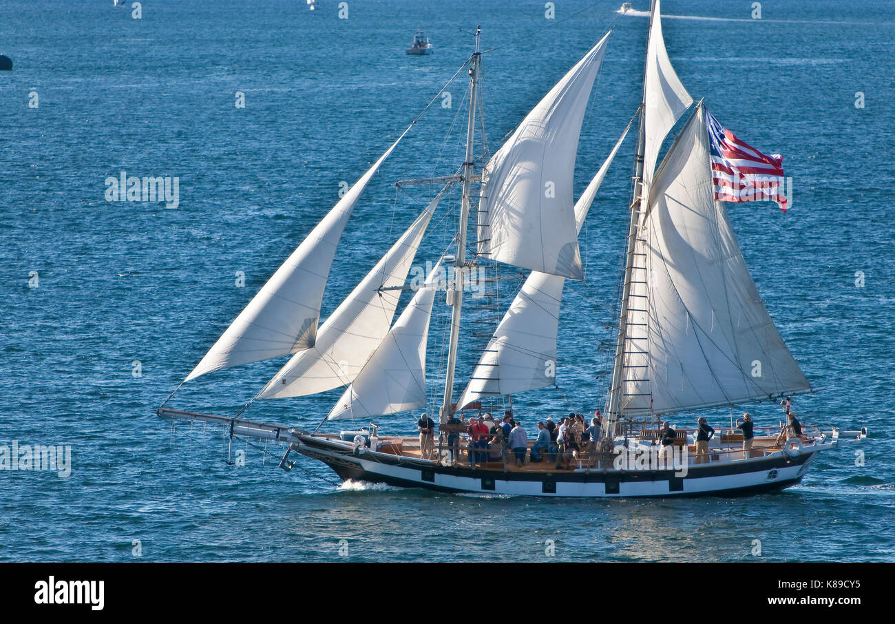 Tall Sailing Ship Anazing Grace under full sail on San Diego Bay, CA US ...