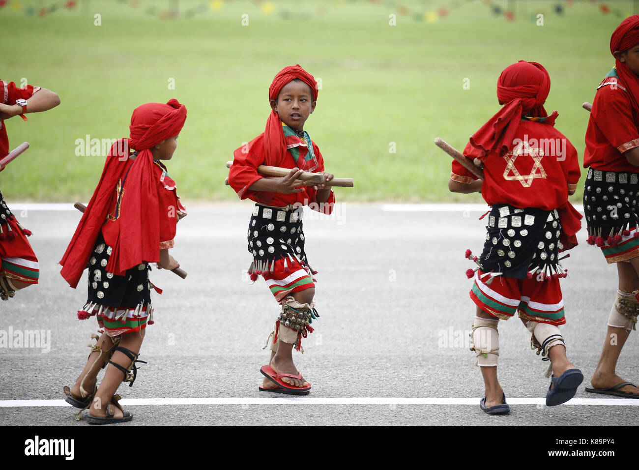 Kathmandu, Nepal. 19th Sep, 2017. Boys dressed in traditional attire ...