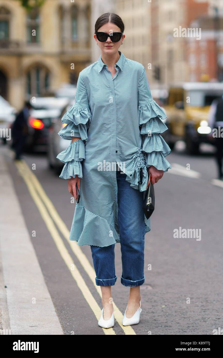 A chic showgoer posing outside the Preen By Thornton Bregazzi runway ...