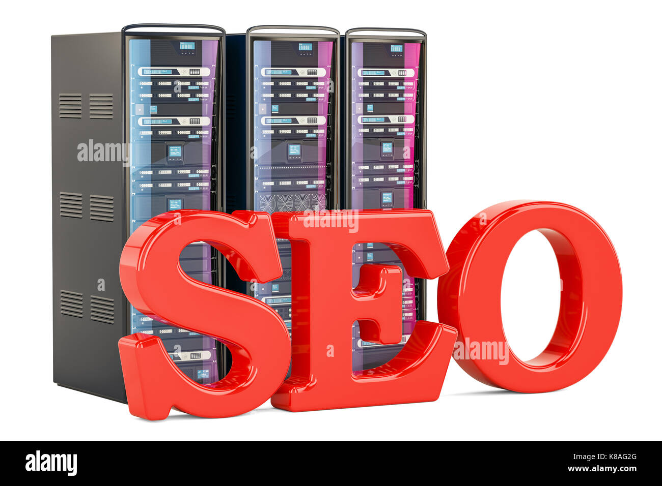 Computer Server Racks, SEO concept. 3D rendering isolated on white ...