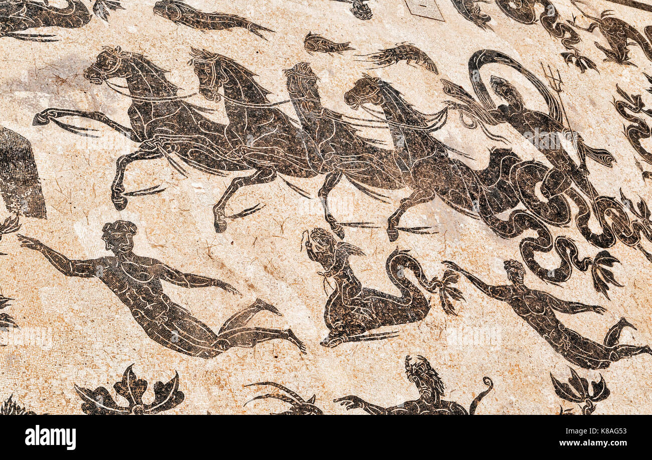 Detail of Neptune's triumph mosaic in the frigidarium of Neptune's ...