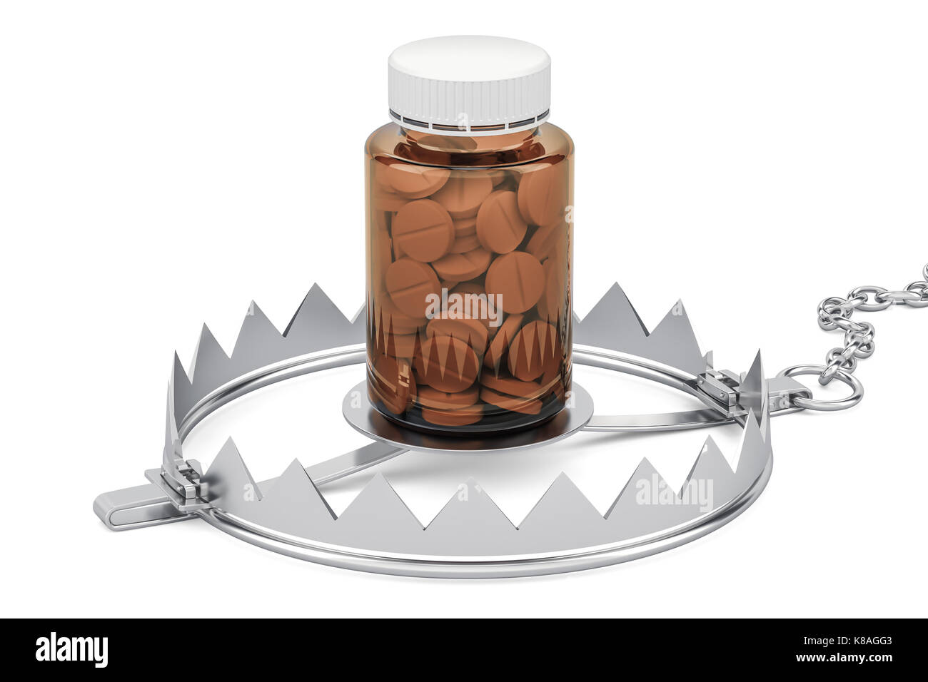 Trap with bottle full pills. Drug addiction from medicines concept, 3D ...