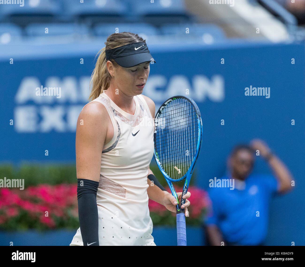 New York, NY USA - August 30, 2017: Maria Sharapova of Russia reacts during match against Timea ...