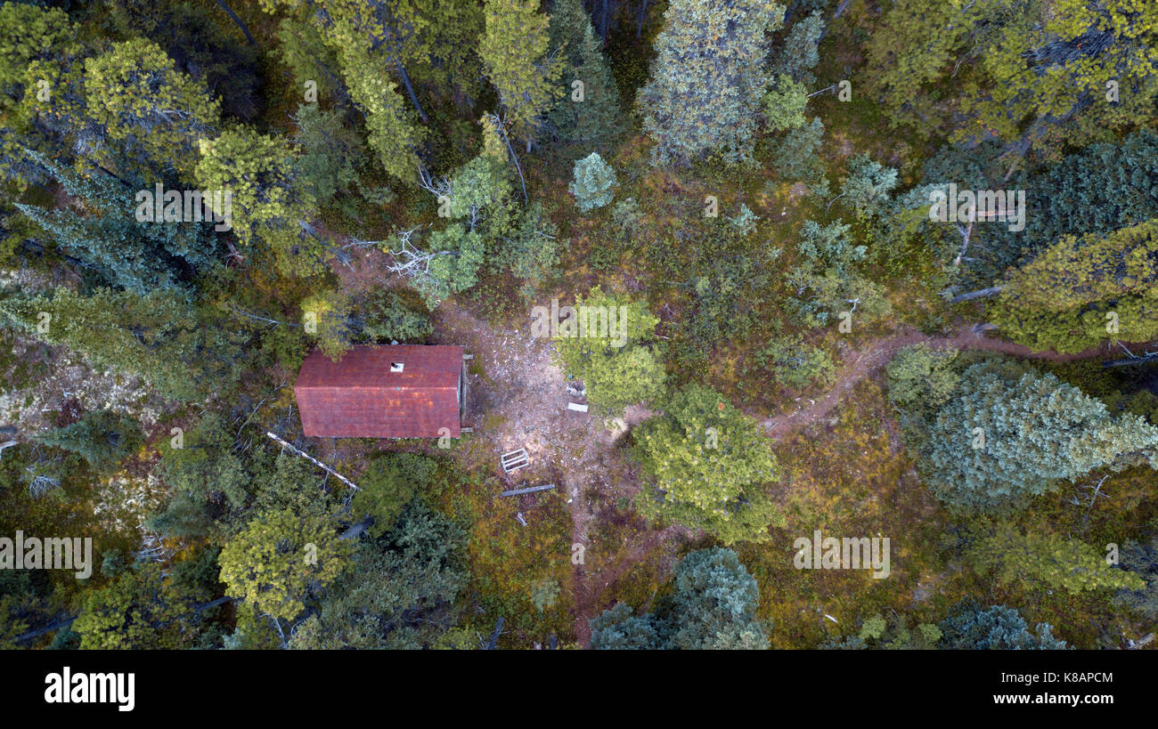 Aerial drone photo of a rustic Yukon Canadian cabin in the forest Stock ...