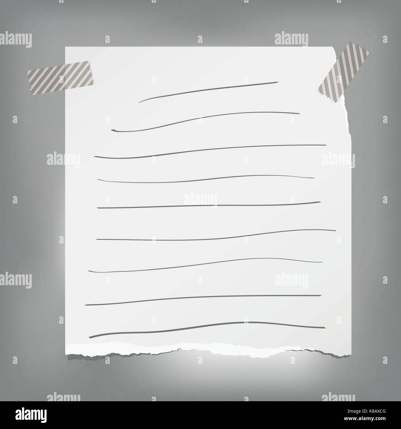 Ripped note, notebook, copybook paper sheets with strips stuck on gray ...