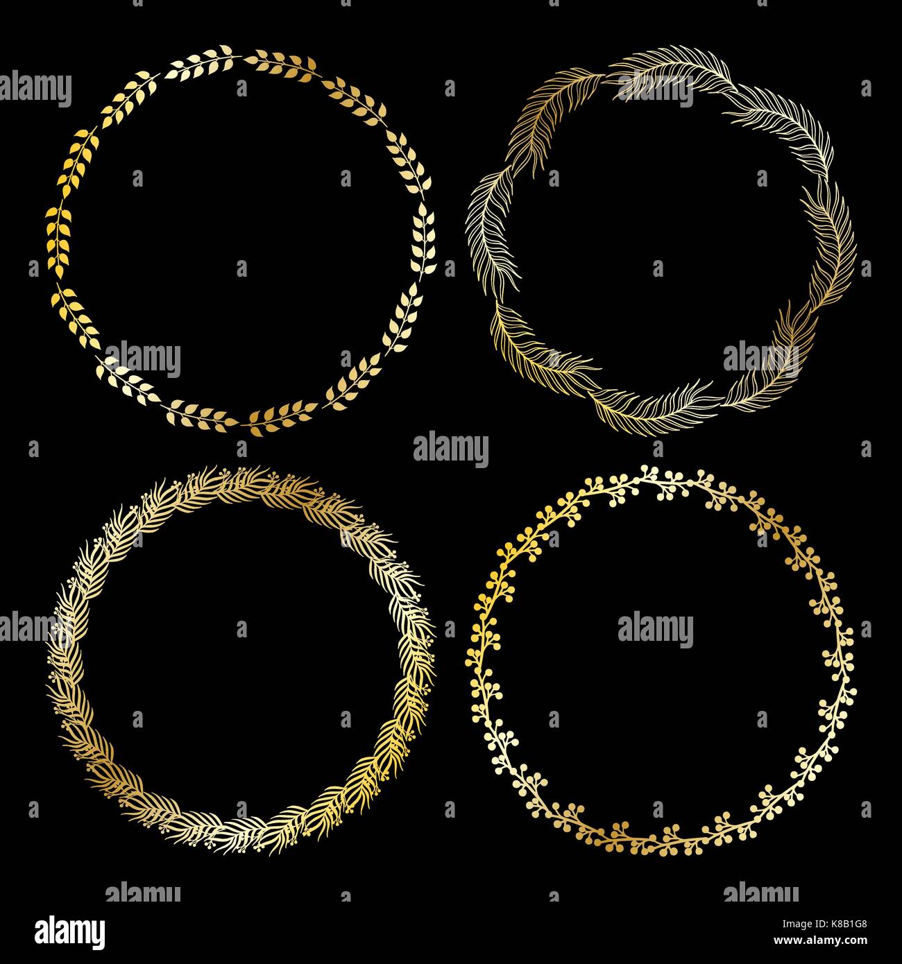 Golden cute round frame. Vector wreath with herbs and leaves Stock ...