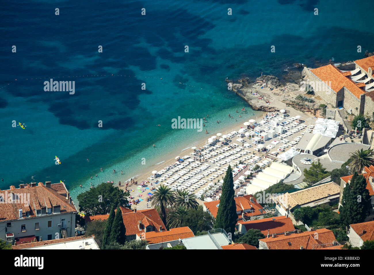 DUBROVNIK, CROATIA - JULY 19, 2017 : An aerial view of the Banje beach ...