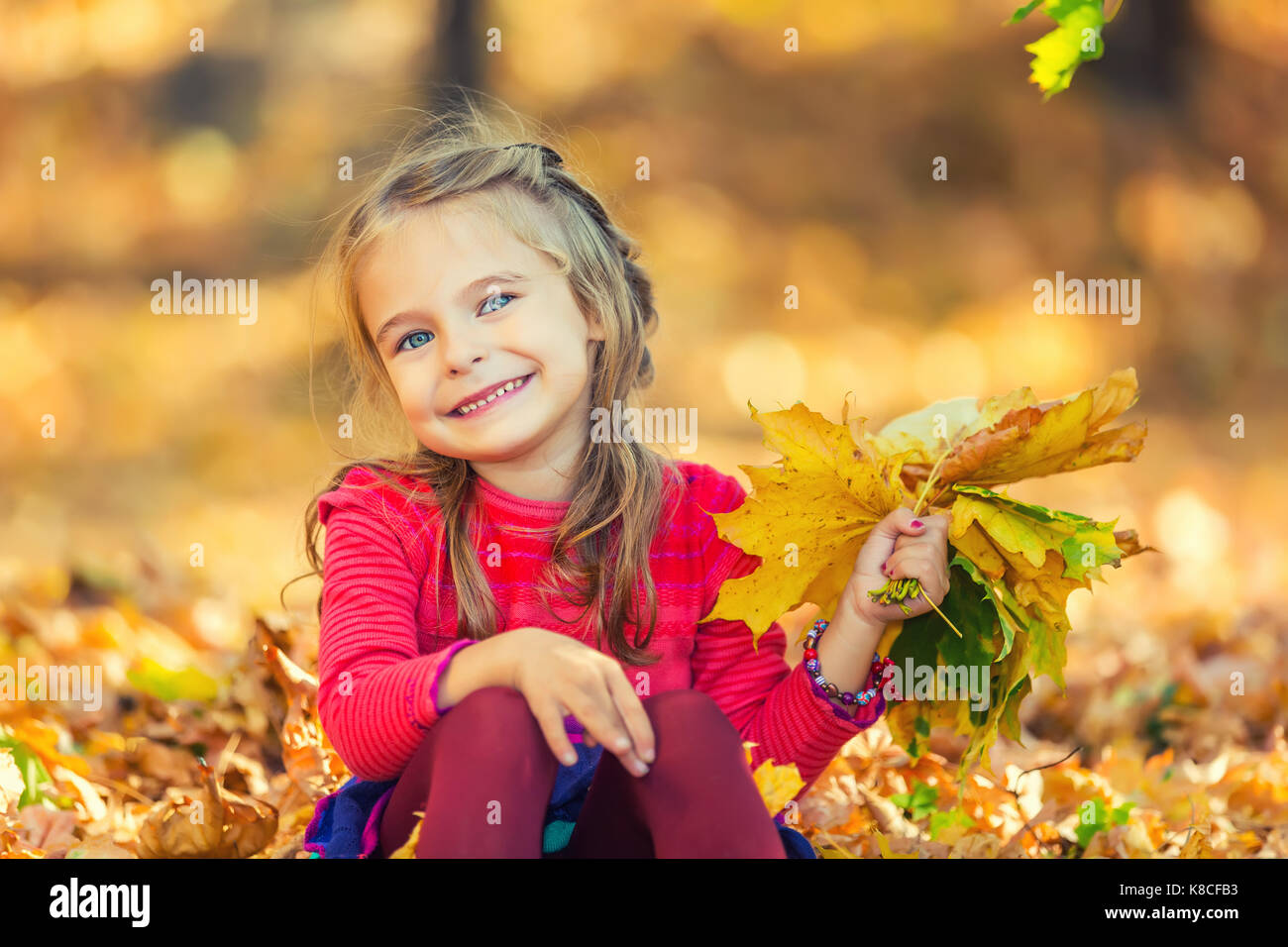 Happy little girl with autumn leaves Stock Photo - Alamy