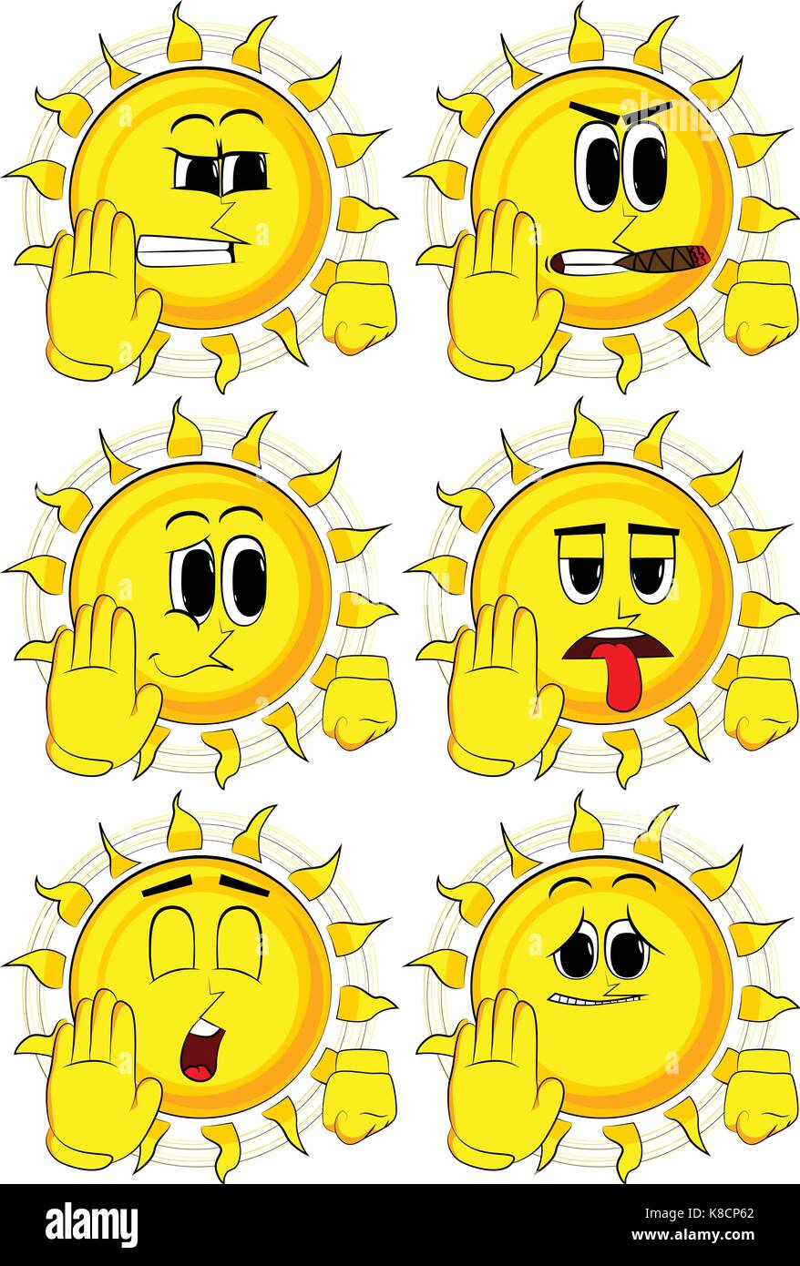 Cartoon sun showing deny or refuse hand gesture. Collection with sad ...