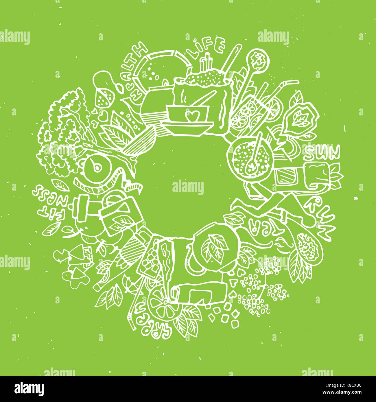 Green tea circle doodles. Sketched green tea healthy elements, natural ...