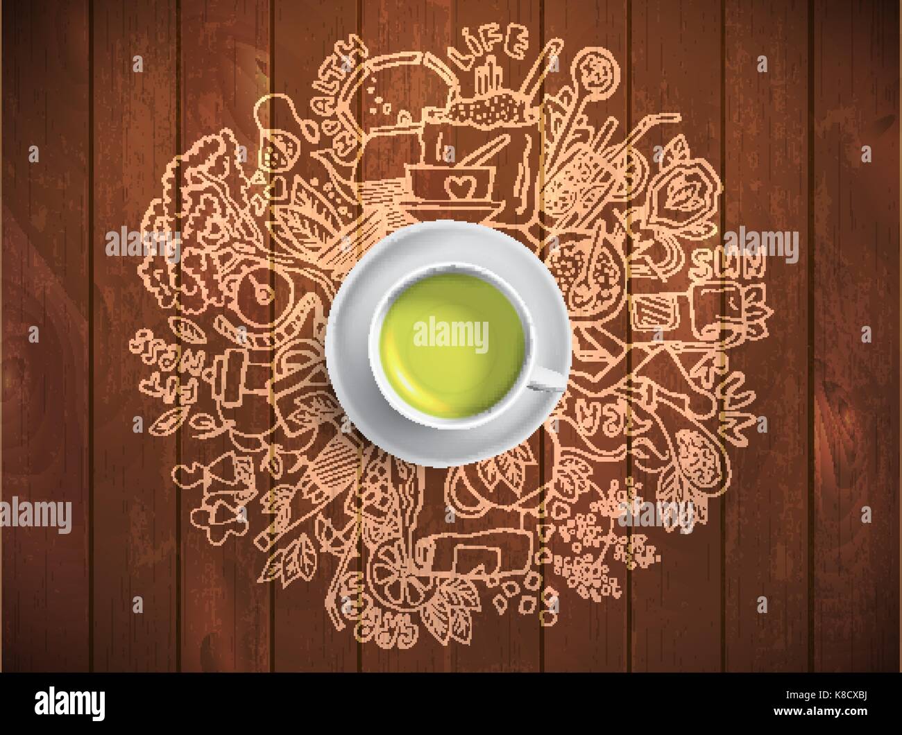 Realistic cup of green tea with circle doodles. Sketched green tea ...