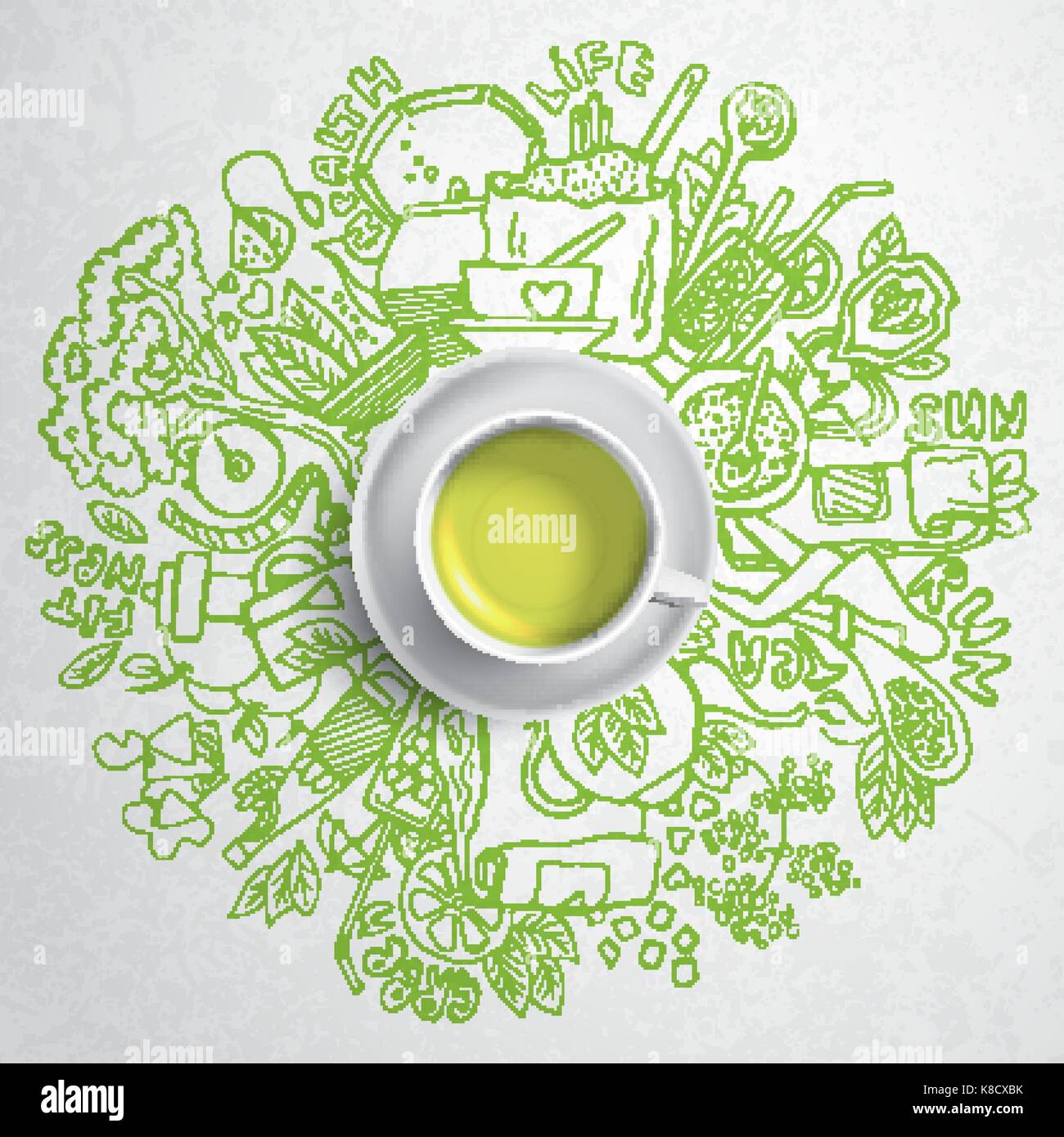 Realistic cup of green tea with circle doodles. Sketched green tea ...