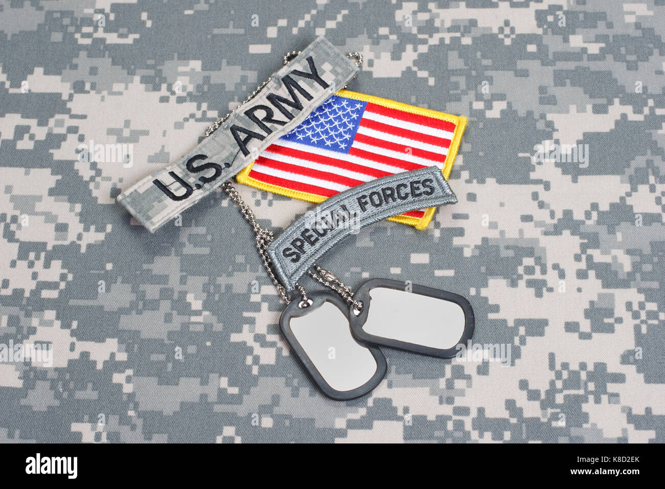 KIEV, UKRAINE - May. 02, US ARMY special forces tab with blank dog tags ...