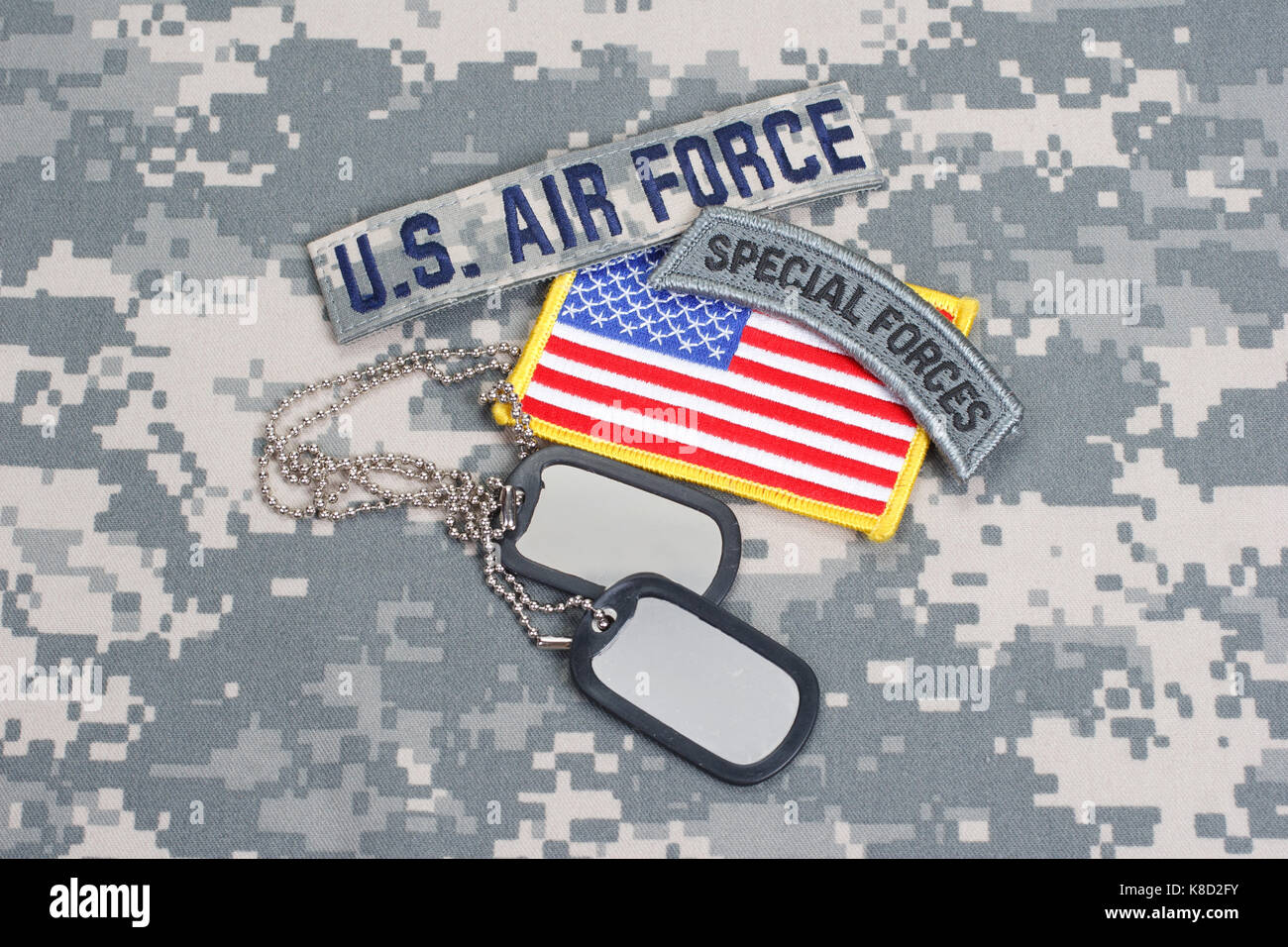 KIEV, UKRAINE - May. 02, US ARMY special forces tab with blank dog tags ...