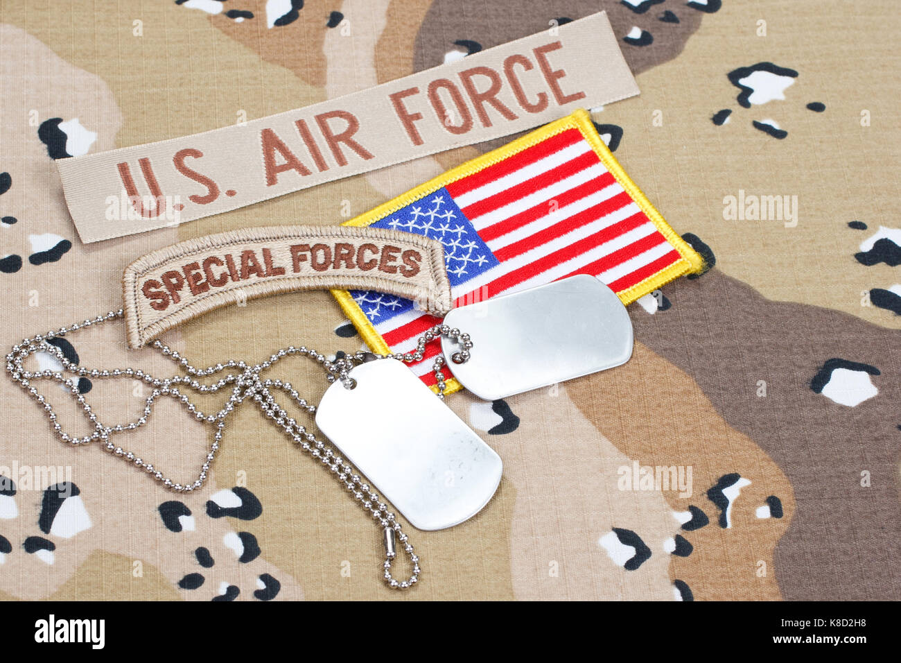 KIEV, UKRAINE - May. 02, US ARMY special forces tab with blank dog tags ...