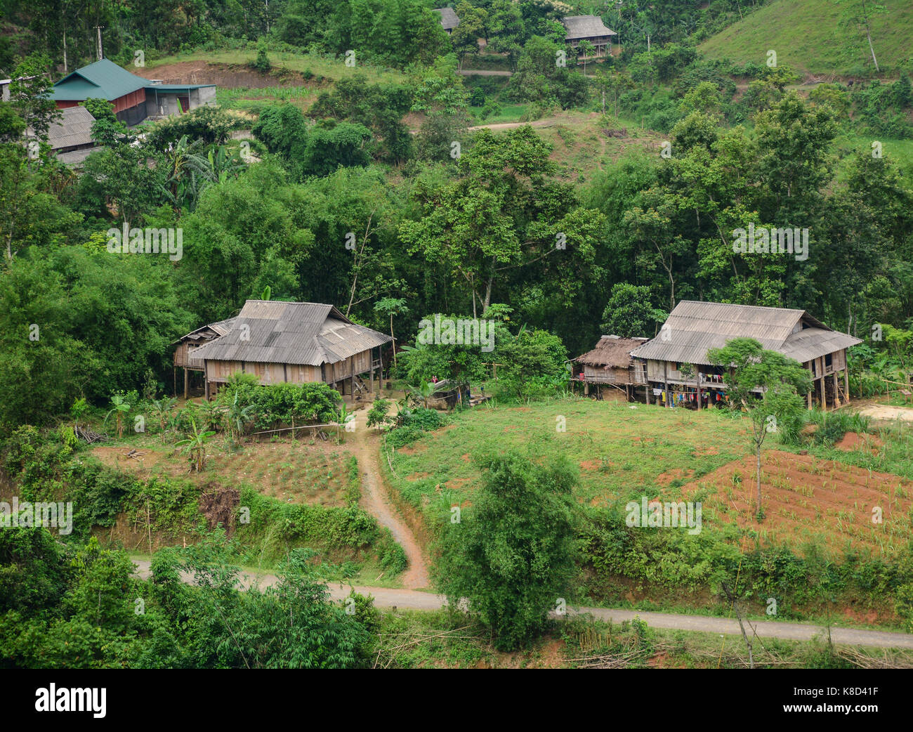 Mountain scenery with Hmong traditional houses on the hill in Northern ...