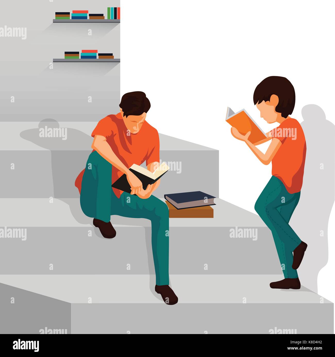 Boys Are Reading Book On Stairs. Love Reading Vector Illustration Stock ...