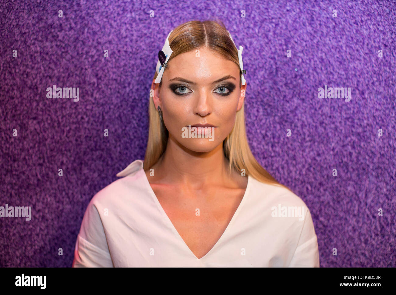 Model Martha Hunt on the backstage during the Julien Macdonald London ...