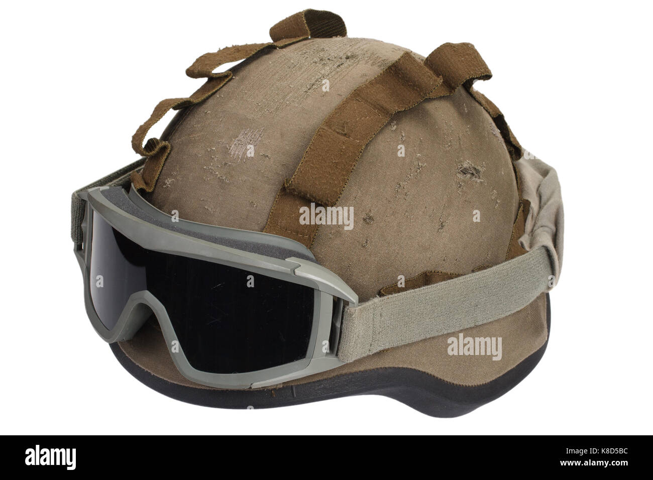 kevlar helmet with camouflage cover and protective goggles Stock Photo ...