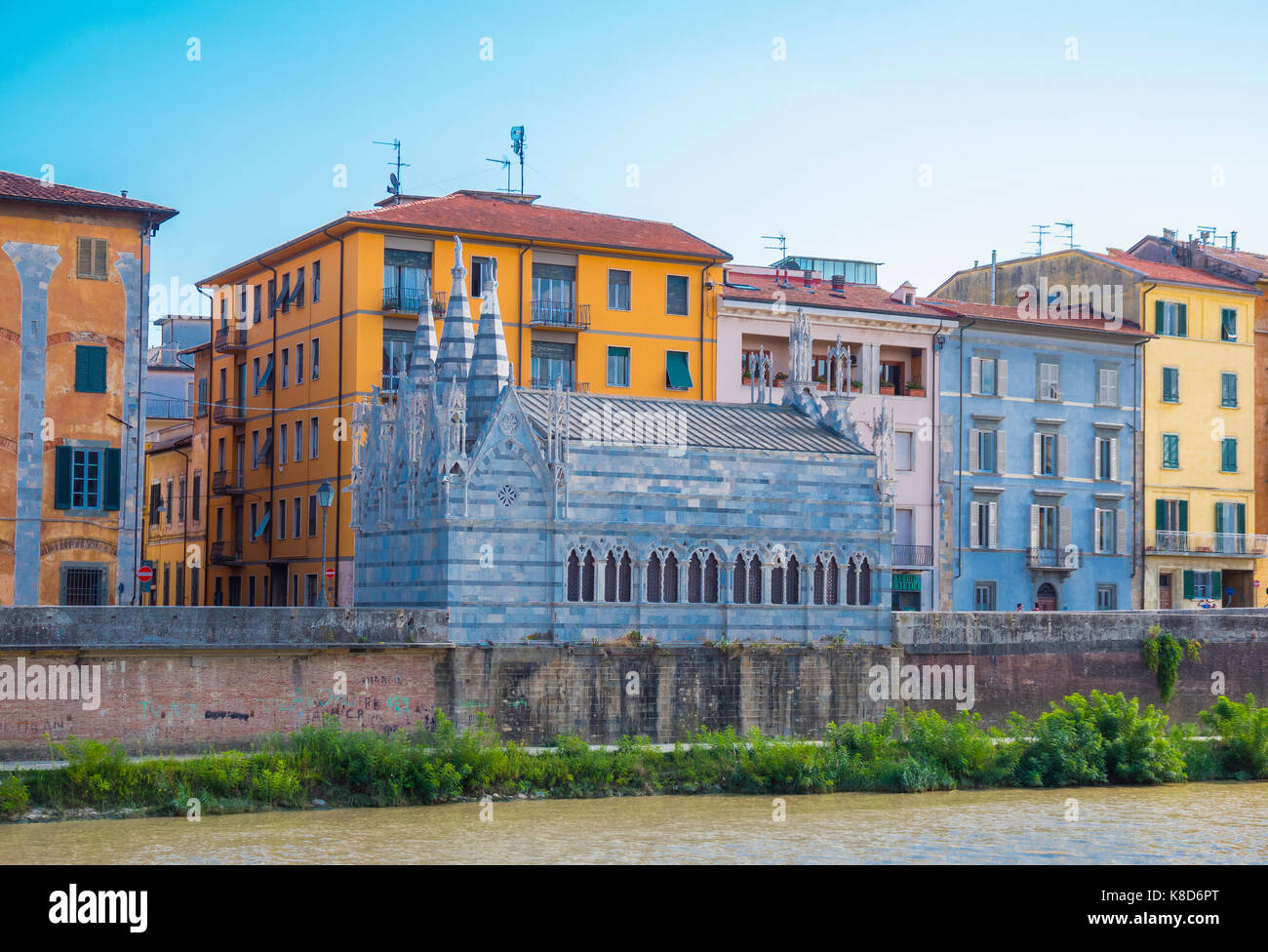 The colorful riverside of River Arno in the city of Pisa - Tuscany ...