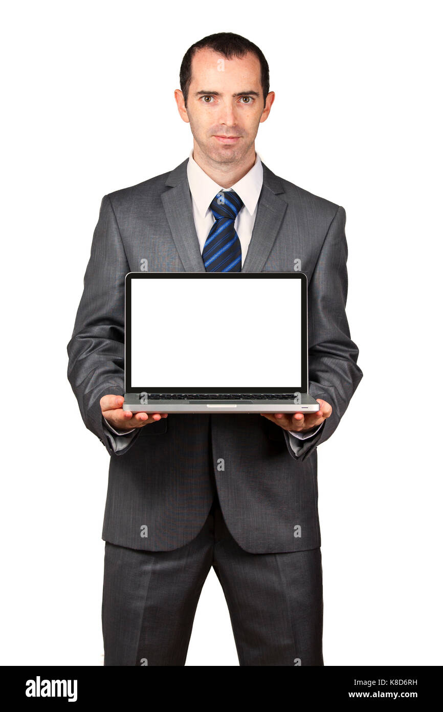 Standing man laptop tech Cut Out Stock Images & Pictures - Alamy
