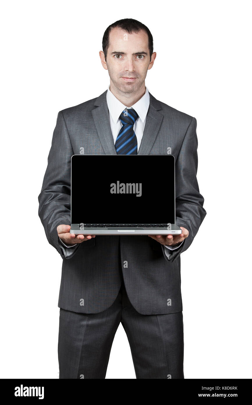 Husiness man show his laptop screen Stock Photo - Alamy