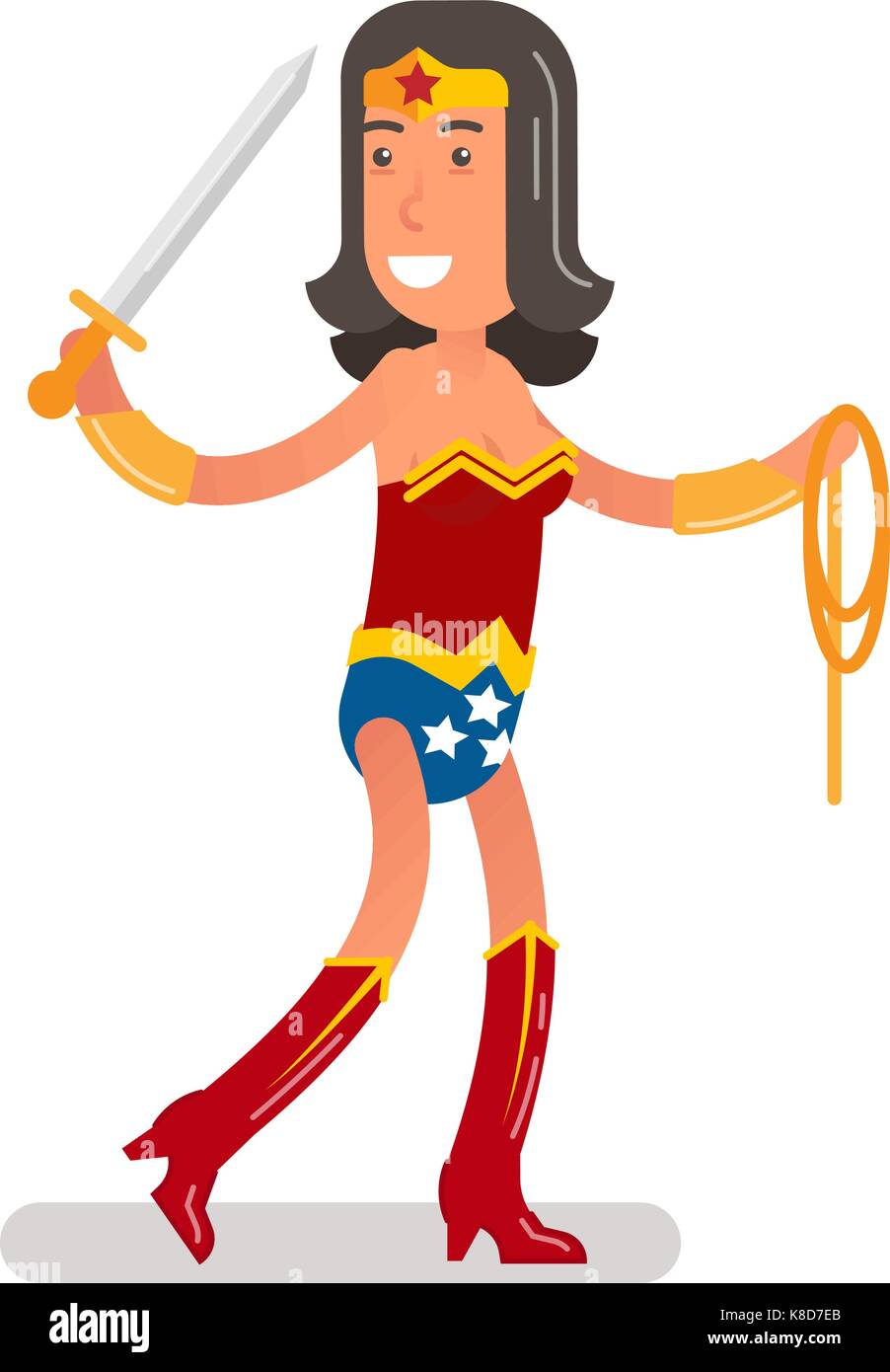 Smiling circus performer woman walking with a sword and a rope in hands ...
