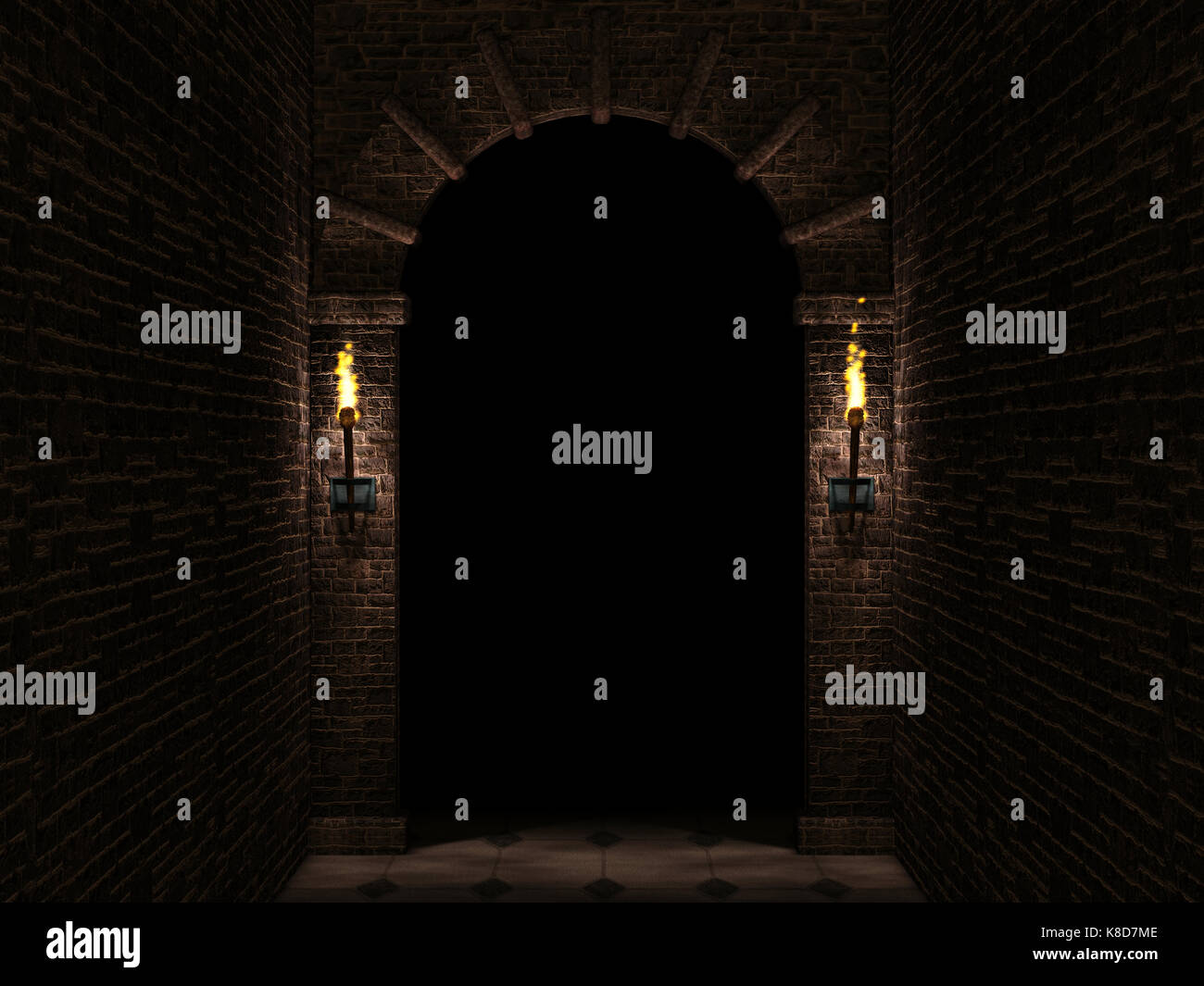 Medieval castle arch with columns and torches 3d illustration Stock ...