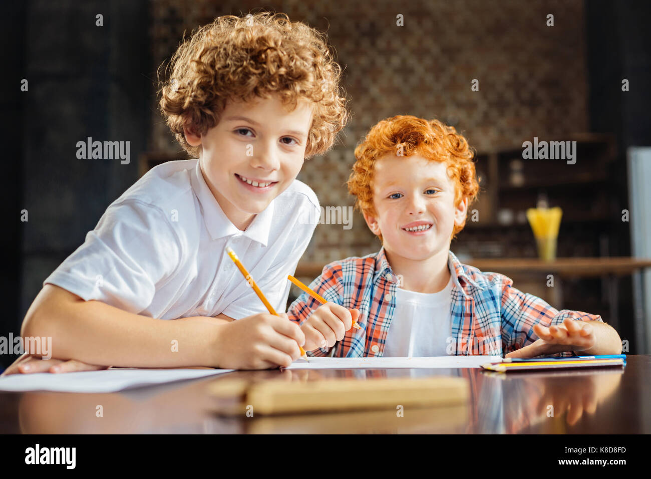 Loving brothers drawing together and smiling Stock Photo - Alamy