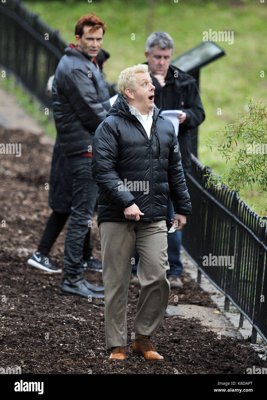 Michael Sheen (front) with co-star David Tennant (left) during ...