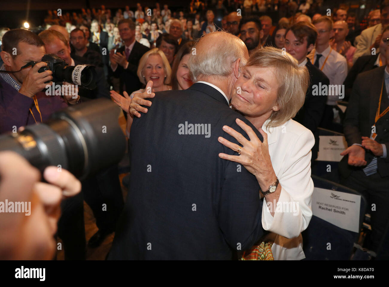 Liberal Democrats leader Sir Vince Cable is congratulated by his wife ...