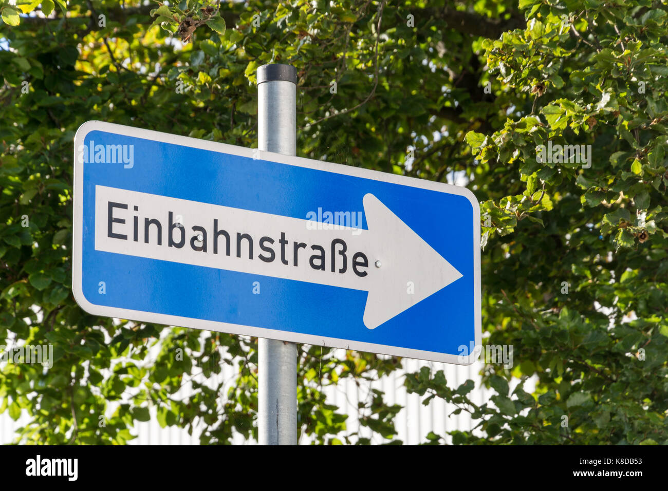 A German One Way street sign with trees in the background Stock Photo ...