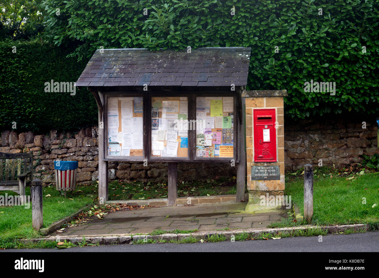 Village notice board and post box, Warmington, Warwickshire, England ...