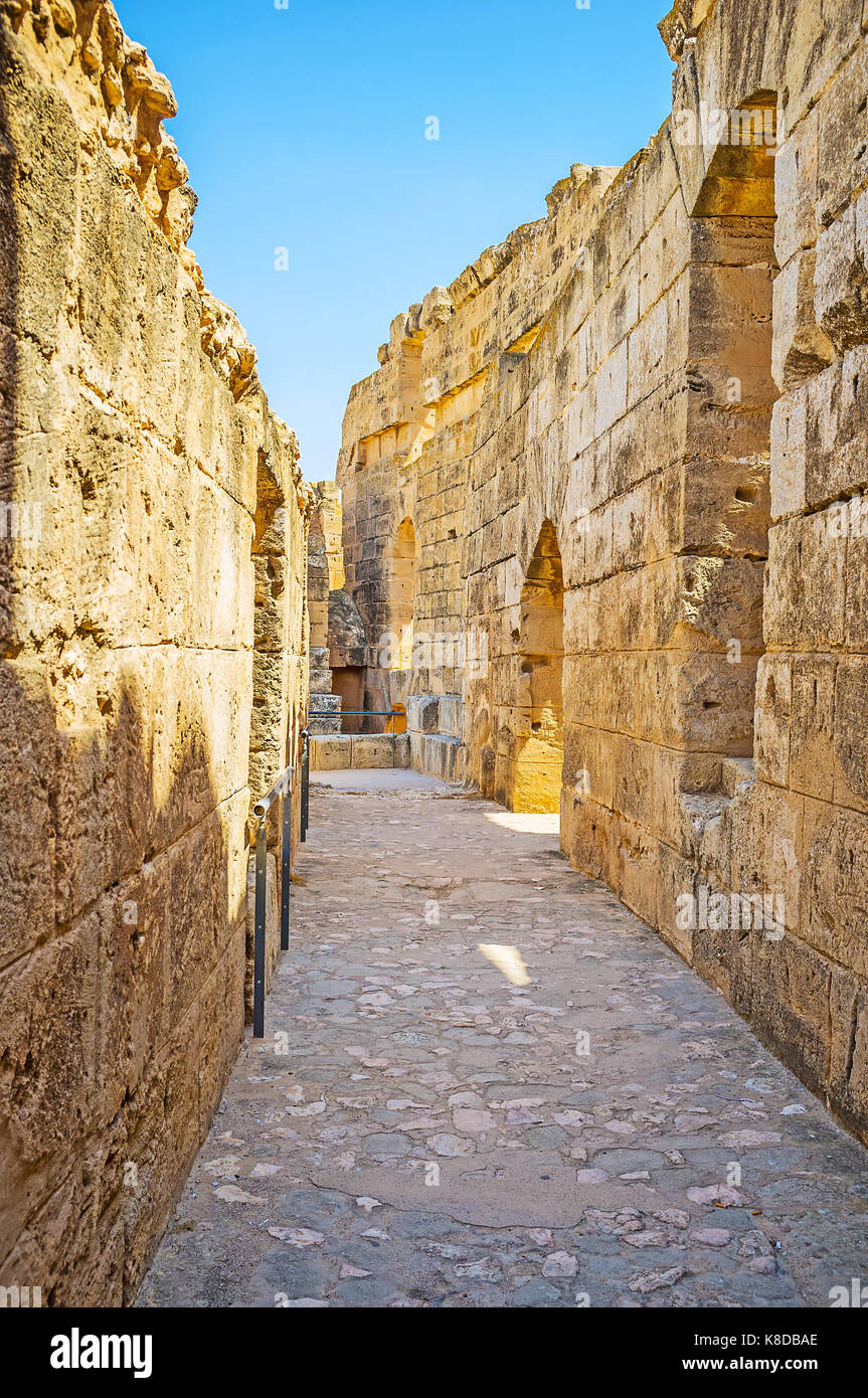 EL DJEM, TUNISIA - SEPTEMBER 1, 2015: The narrow corridor of El Jem ...