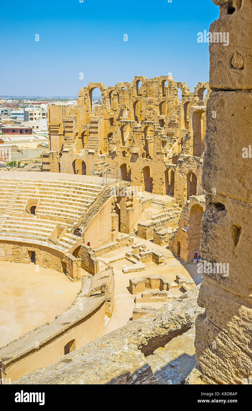 EL DJEM, TUNISIA - SEPTEMBER 1, 2015: The part of arena of El Jem ...