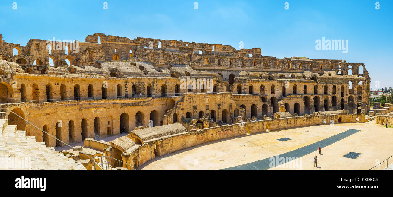 EL DJEM, TUNISIA - SEPTEMBER 1, 2015: Panorama of arena of the ancient ...