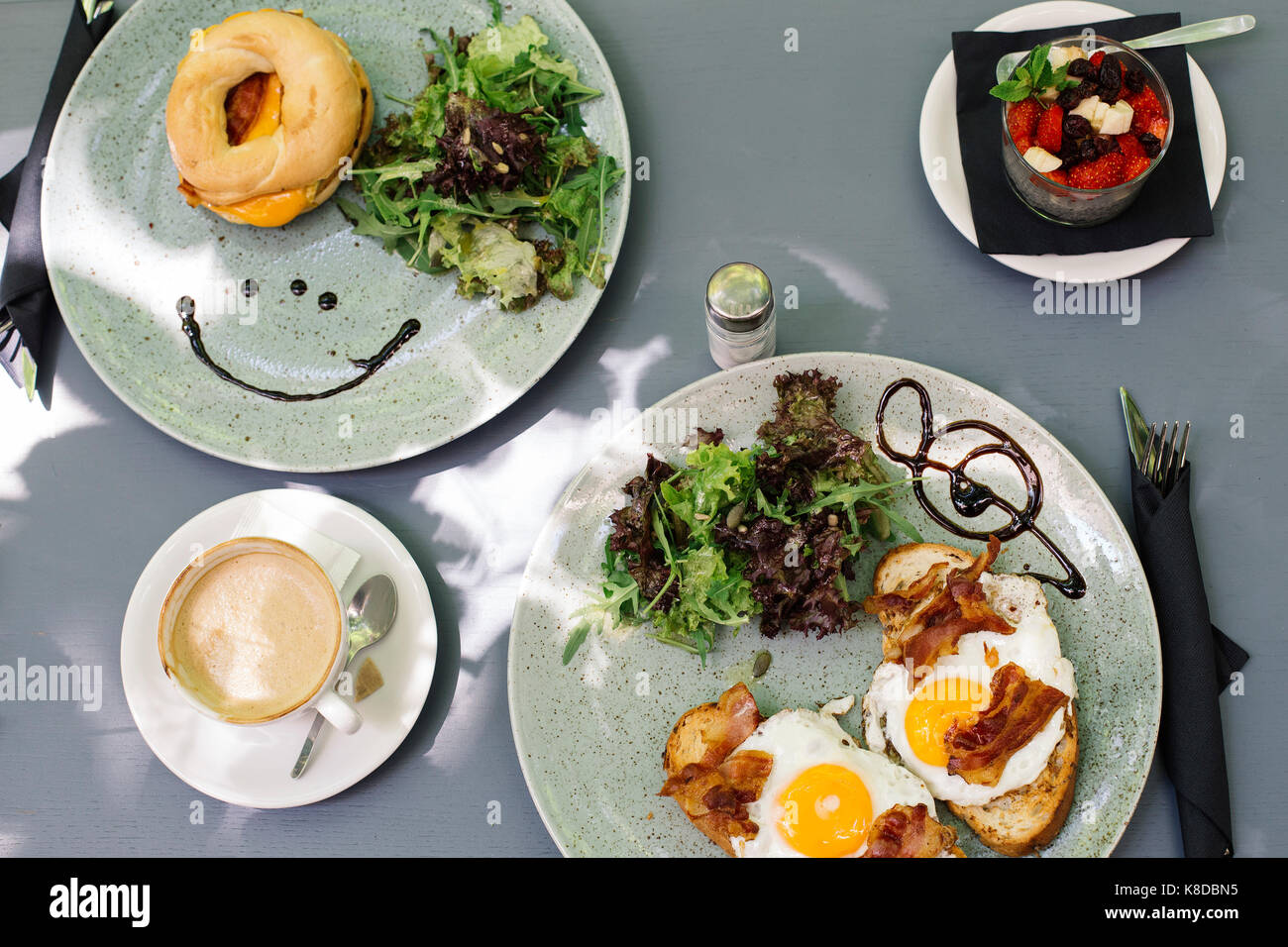 Top view at breakfast on the table Stock Photo - Alamy