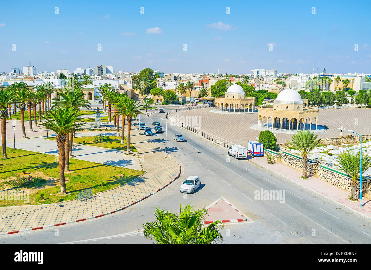 Aerial view of Habib Bourguiba square with two semetrical Arabic ...