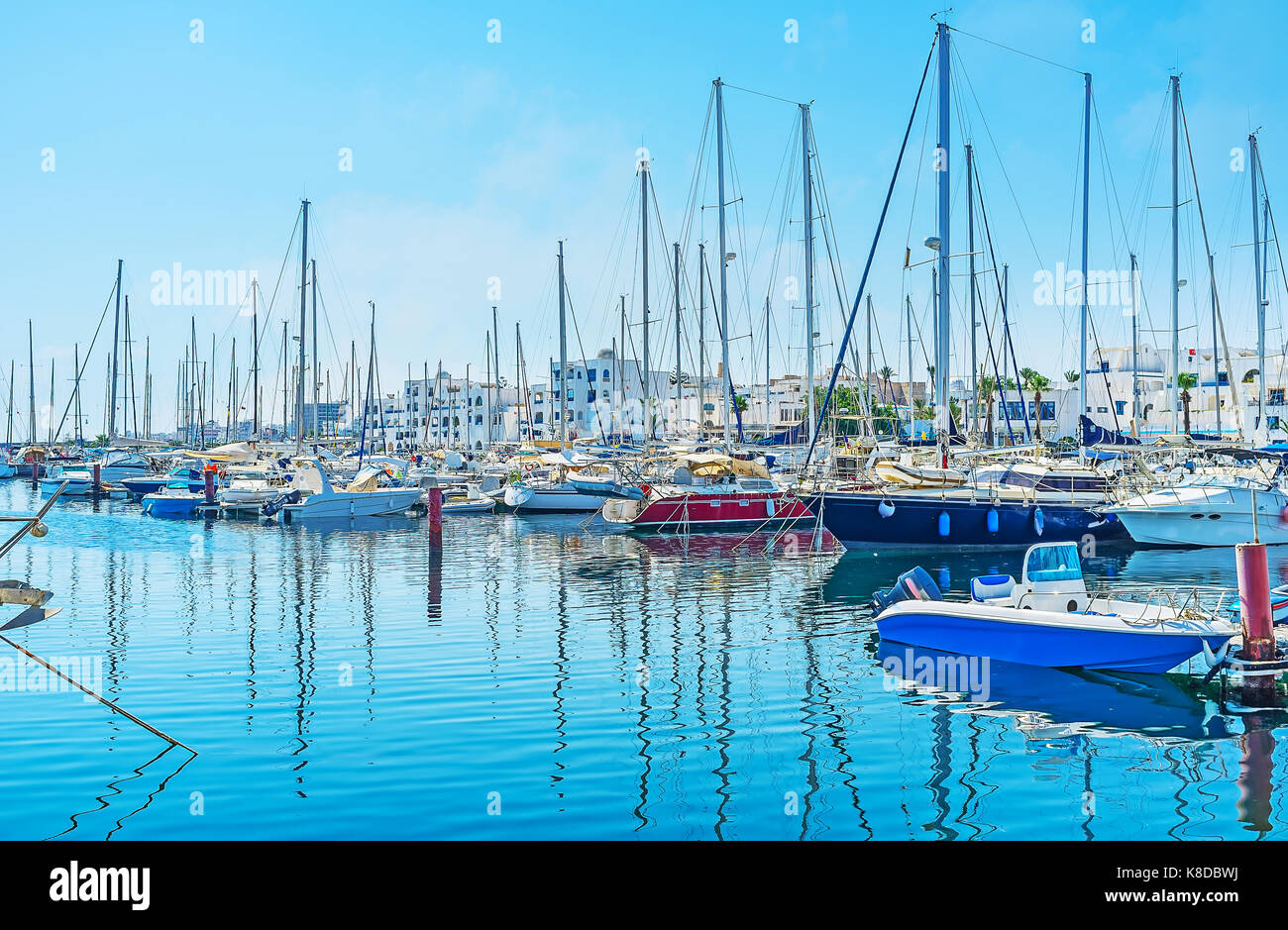 The hundreds of yachts' sails rise above the port of Monastir, Tunisia ...