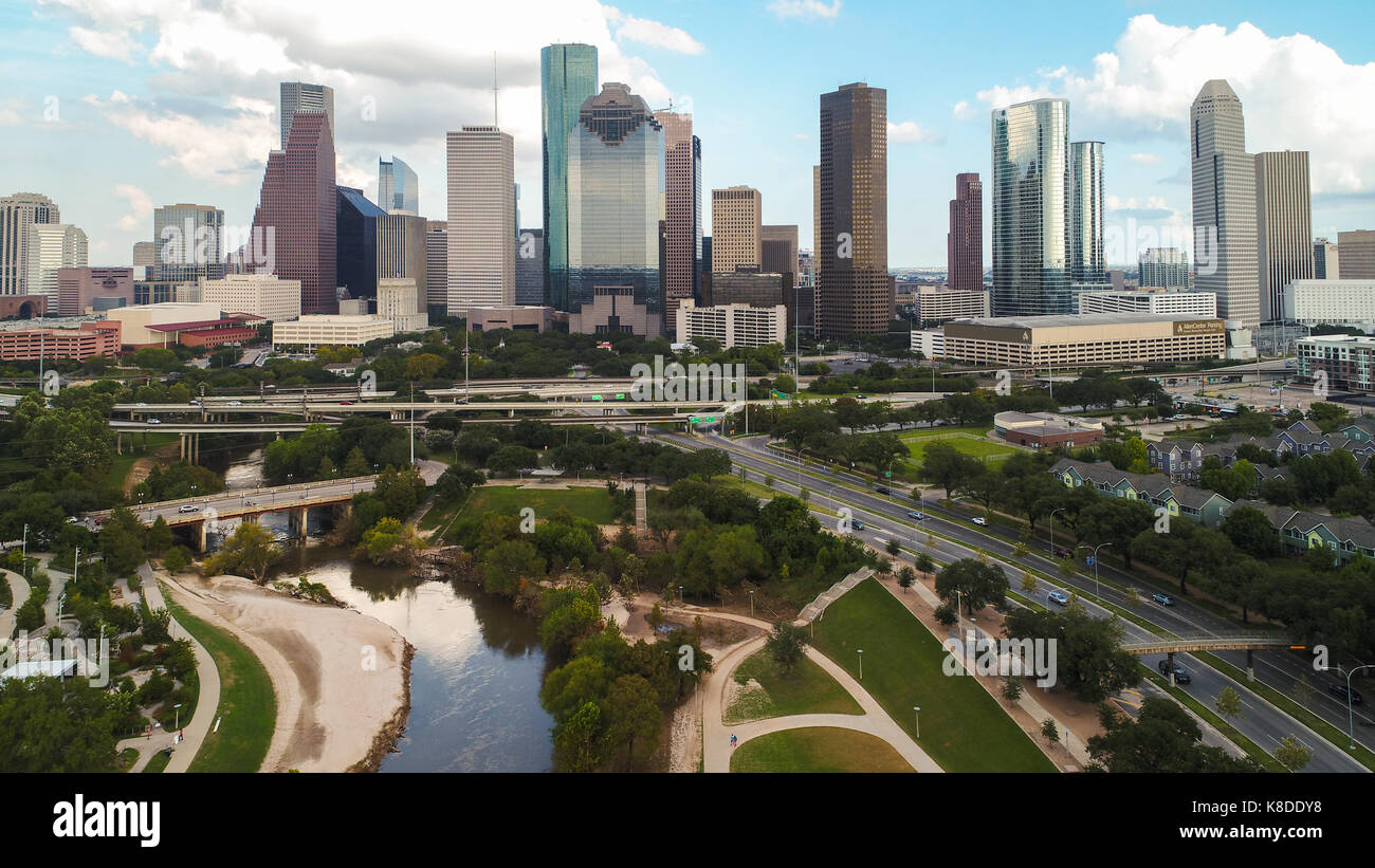 Aerial view of downtown Houston skyline building city, after Harvey ...