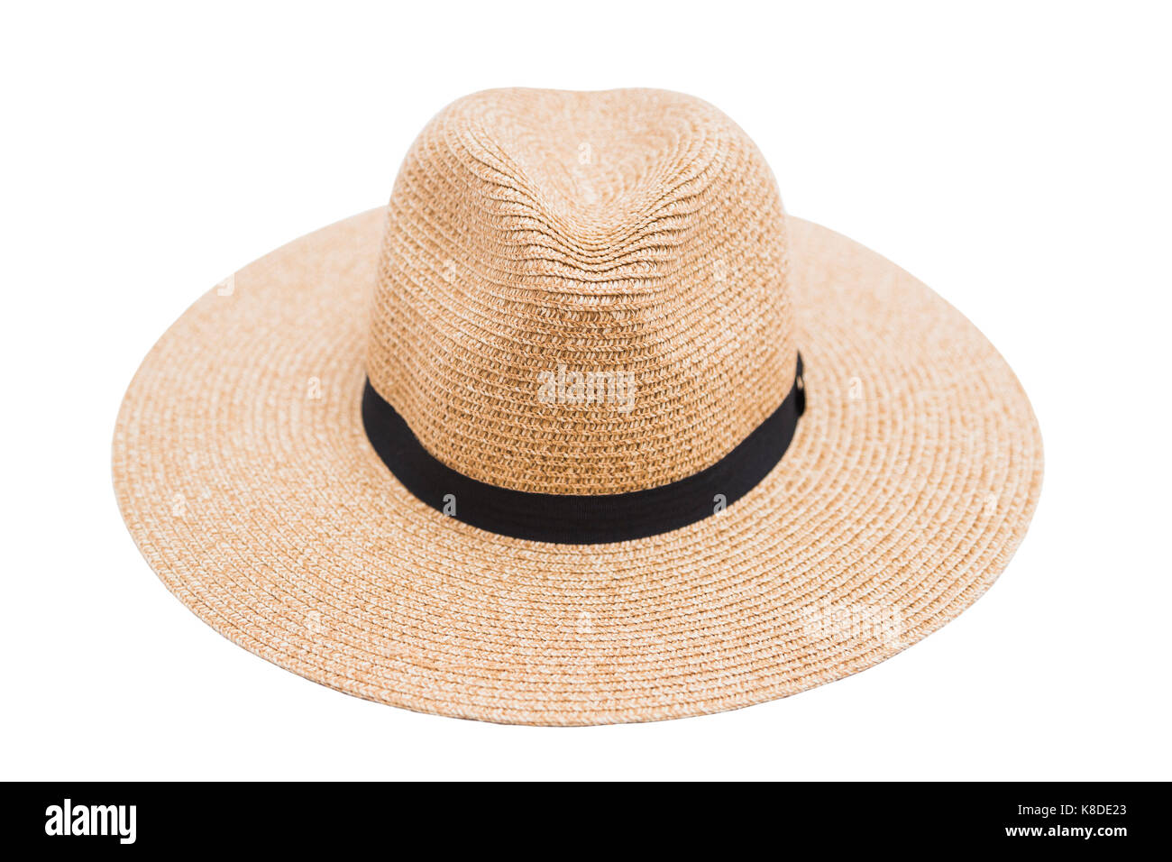 Wicker straw flaxen hat with black ribbon on isolated white background ...