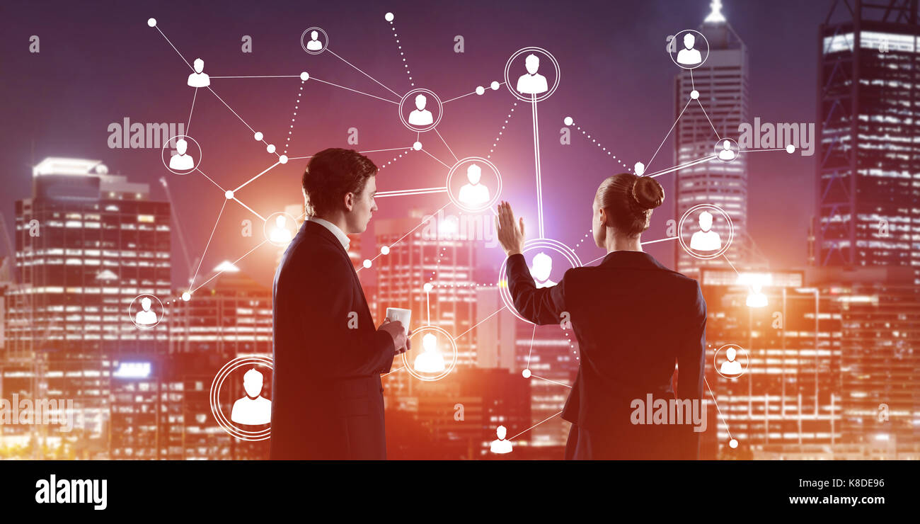 Concept of social connection and networking against night city view and ...