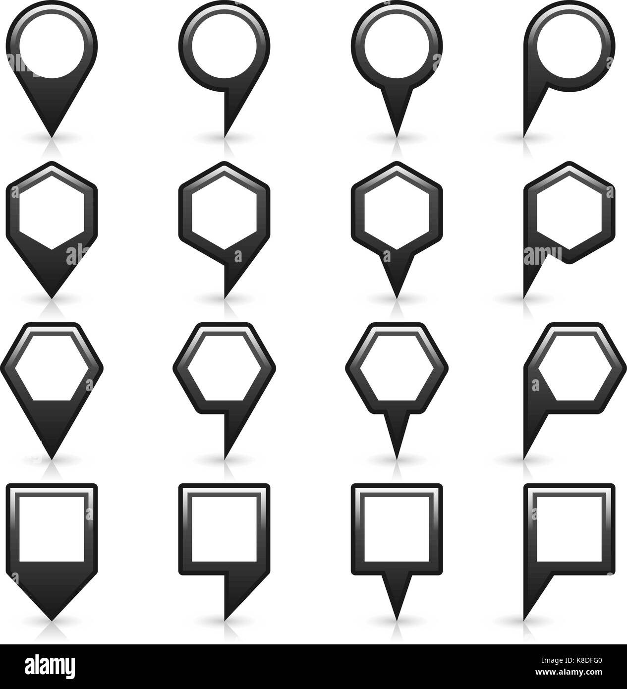 16 map pins sign location icon with gray reflection and shadow in flat ...