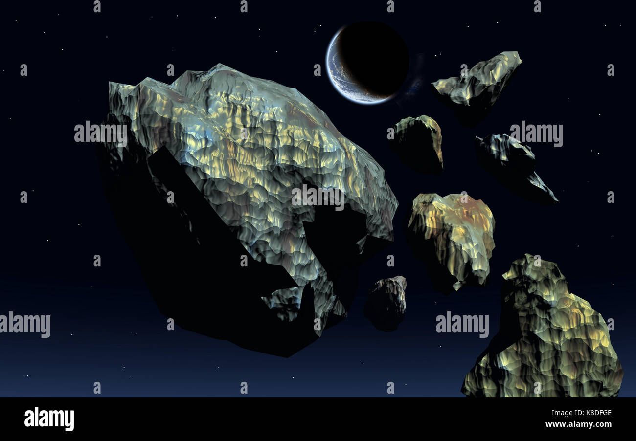 Asteroid Breaking Up & Its Fragments Heading Towards The Earth Stock ...